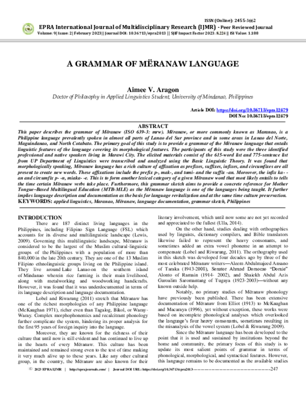 (PDF) A Grammar of Mëranaw Language