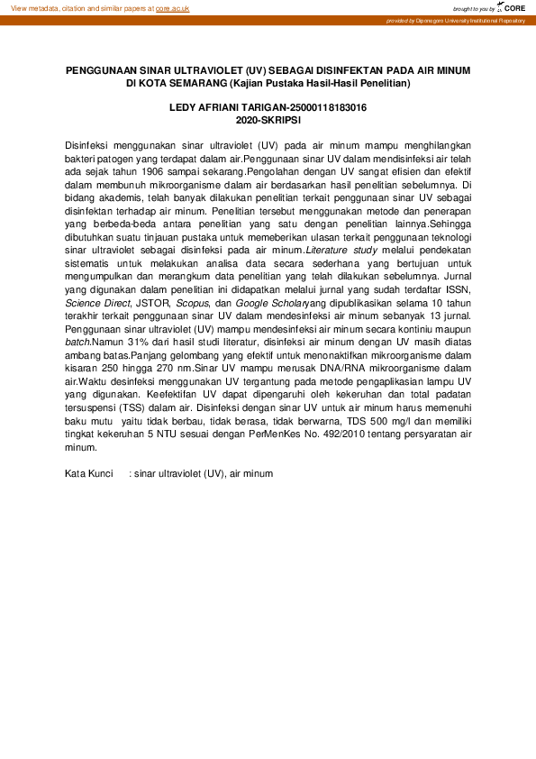 (PDF) PENGGUNAAN SINAR ULTRAVIOLET (UV) SEBAGAI DISINFEKTAN PADA AIR MINUM DI KOTA SEMARANG ...