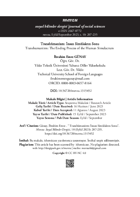 (PDF) Transhümanizm: İnsan Simülakrın Sonu - Transhumanizm: The Ending ...