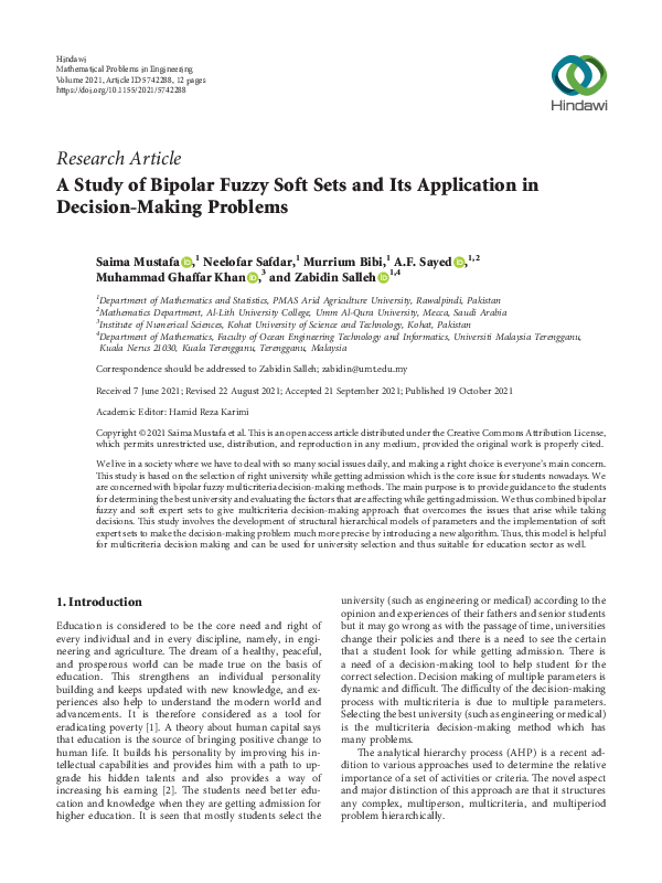 (PDF) A Study of Bipolar Fuzzy Soft Sets and Its Application in Decision-Making Problems
