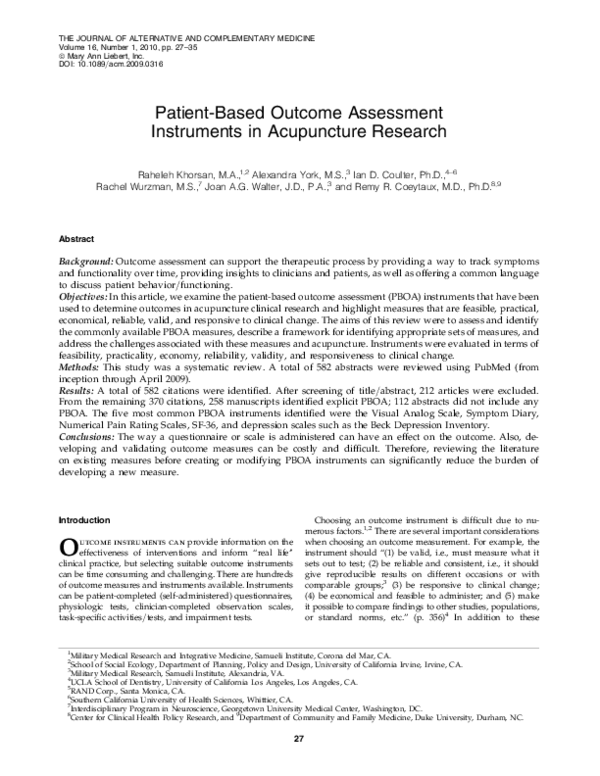 (PDF) Patient-Based Outcome Assessment Instruments in Acupuncture Research
