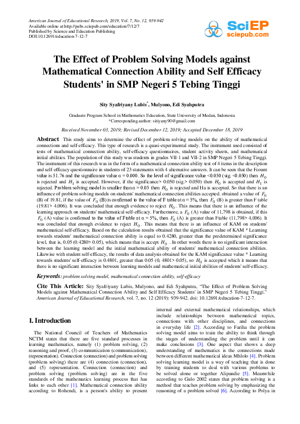 (PDF) The Effect of Problem Solving Models against Mathematical Connection Ability and Self ...