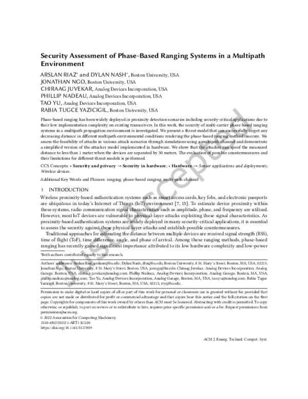 (PDF) Security Assessment of Phase-Based Ranging Systems in a Multipath Environment