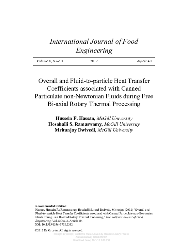 (PDF) Overall and Fluid-to-particle Heat Transfer Coefficients associated with Canned ...