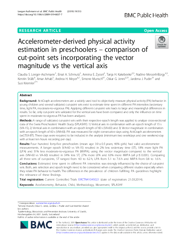 (PDF) Accelerometer-derived physical activity estimation in preschoolers – comparison of cut ...