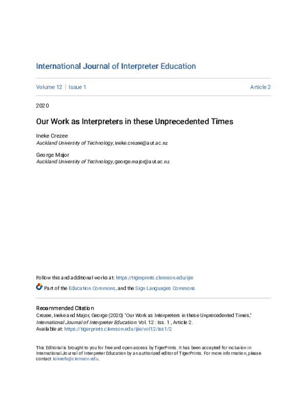 (PDF) Our Work as Interpreters in these Unprecedented Times