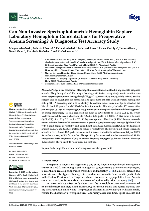 (PDF) Can Non-Invasive Spectrophotometric Hemoglobin Replace Laboratory ...