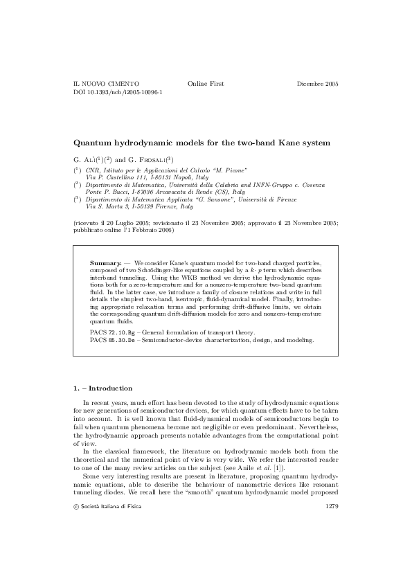 (PDF) Quantum hydrodynamic models for the two-band Kane system