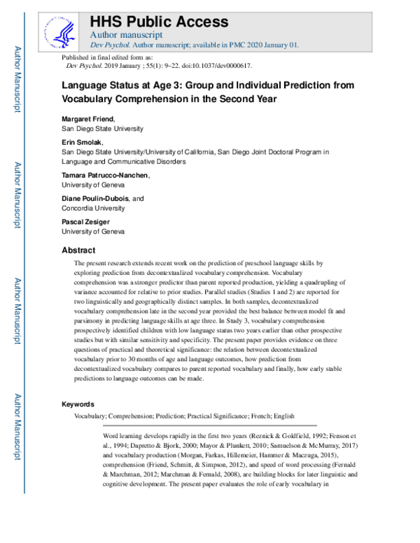 (PDF) Language status at age 3: Group and individual prediction from vocabulary comprehension in ...