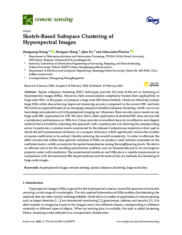 Pdf Sketch Based Subspace Clustering Of Hyperspectral Images Aleksandra Pizurica