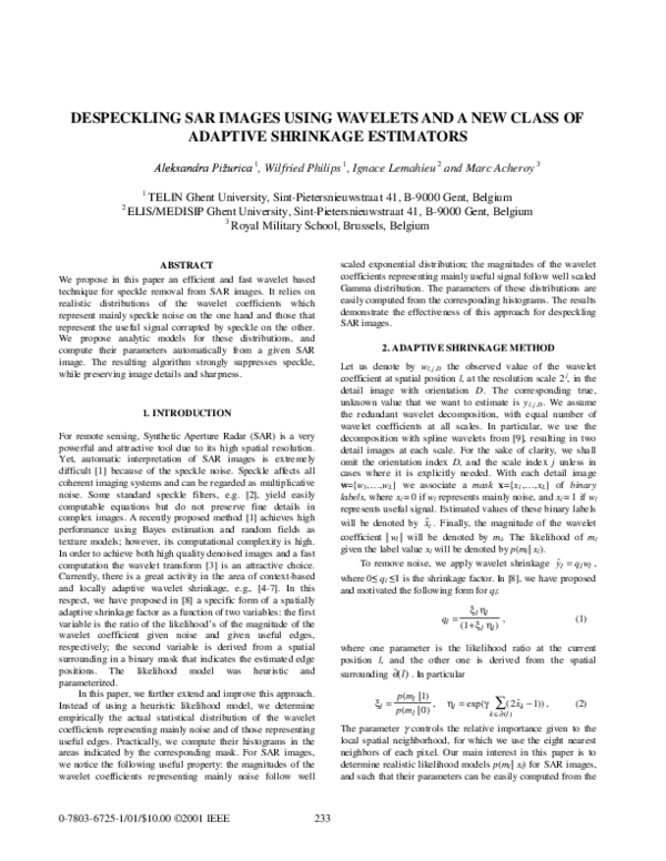 Pdf Despeckling Sar Images Using Wavelets And A New Class Of Adaptive