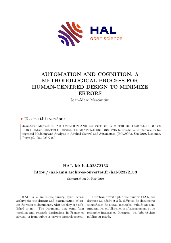 (PDF) Automation and Cognition: A Methodological Process for Human-Centred Design to Minimize Errors