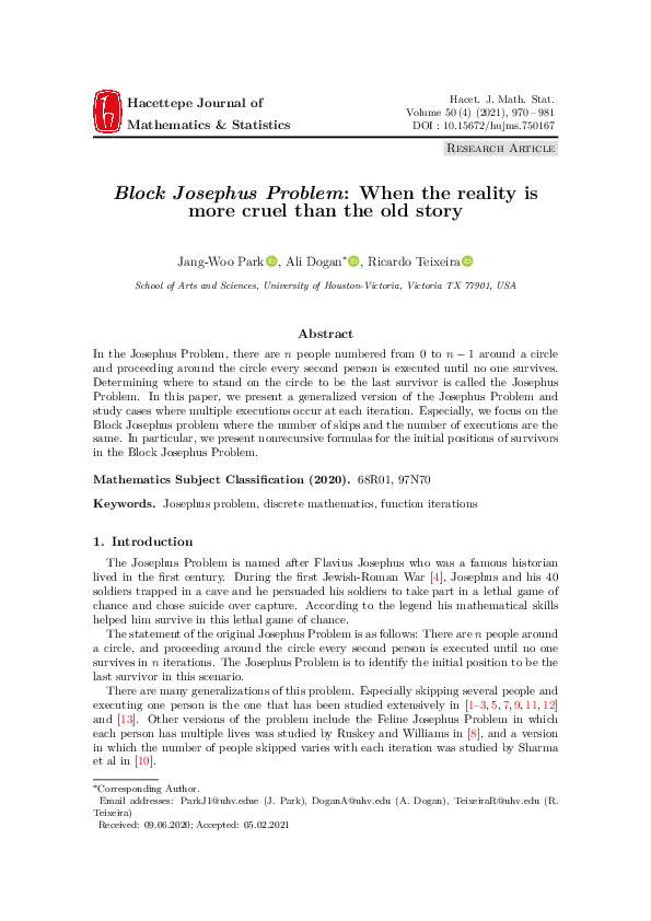 Pdf Block Josephus Problem When The Reality Is More Cruel Than The Old Story Ali Doğan