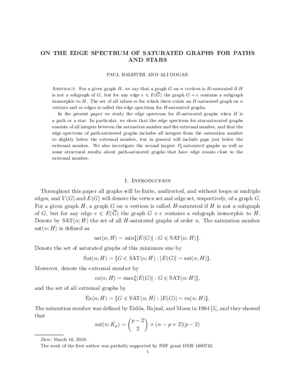 (PDF) On the edge spectrum of saturated graphs for paths and stars | ali doğan - Academia.edu