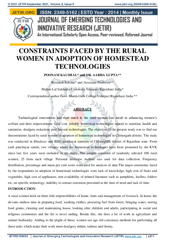 (PDF) Constraints Faced by the Rural Women in Adoption of Homestead ...