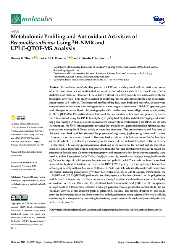 (PDF) Metabolomic Profiling and Antioxidant Activities of Breonadia salicina Using 1H-NMR and ...
