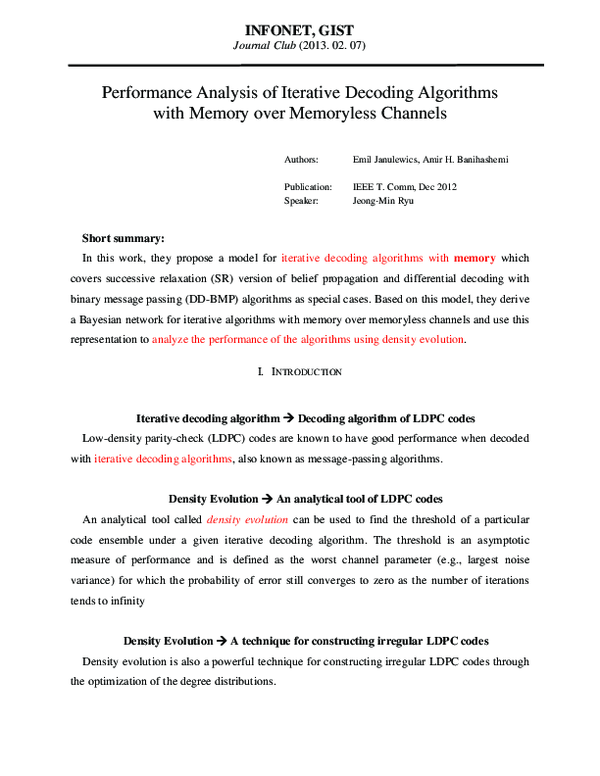 (PDF) Performance Analysis of Iterative Decoding Algorithms with Memory over Memoryless Channels