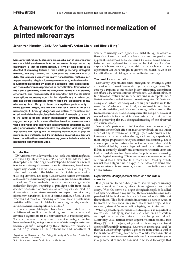 (PDF) A Framework for the Informed Normalization of Printed Microarrays | Johan van Heerden ...
