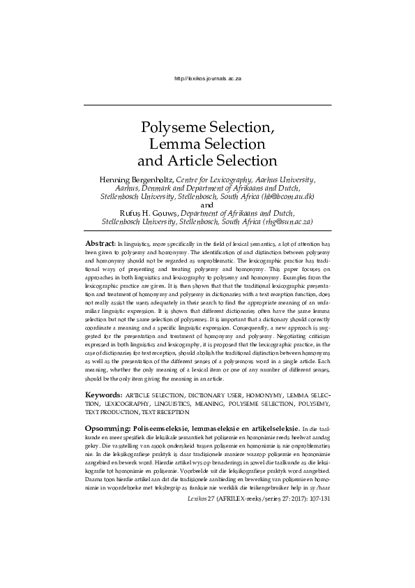 (PDF) Polyseme Selection, Lemma Selection and Article Selection