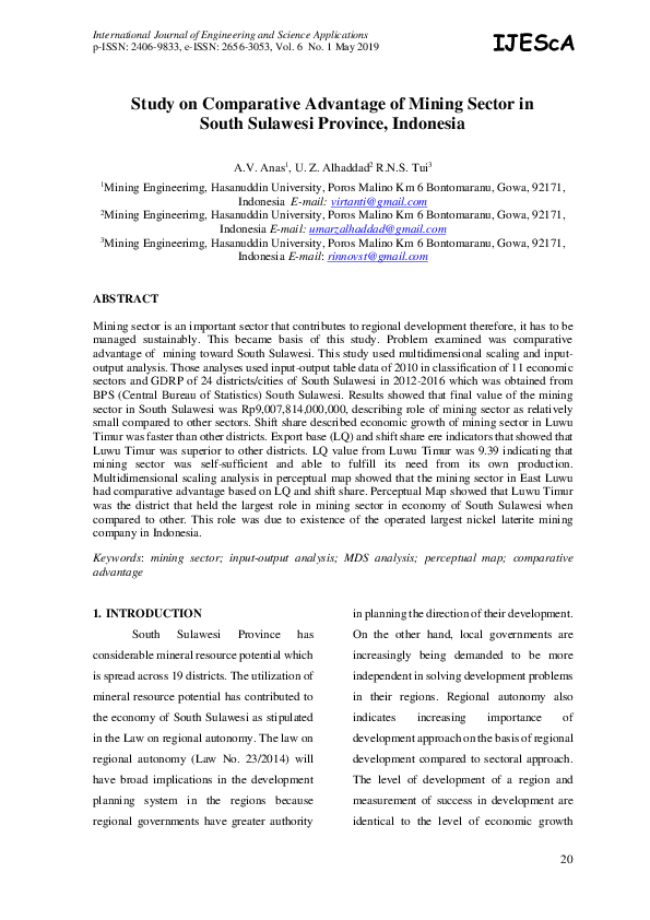 (PDF) Study on Comparative Advantage of Mining Sector in South Sulawesi Province, Indonesia