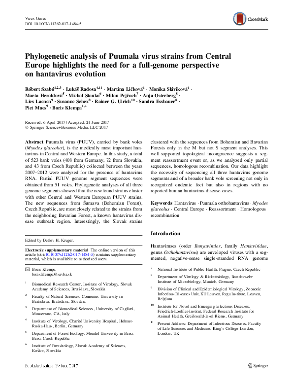 (PDF) Phylogenetic analysis of Puumala virus strains from Central ...