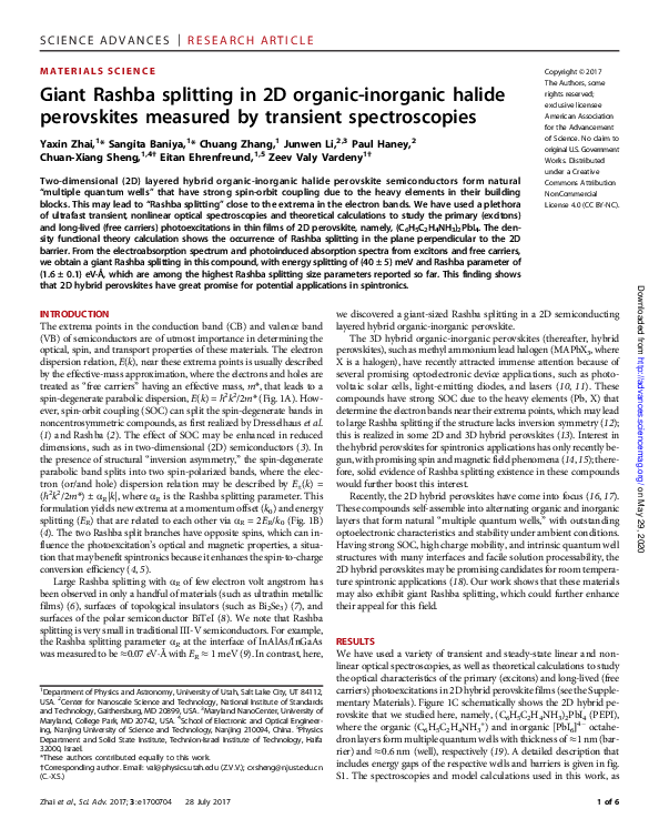 (PDF) Giant Rashba splitting in 2D organic-inorganic halide perovskites ...