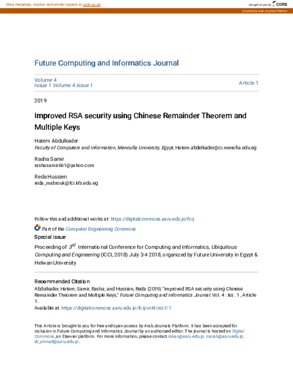 (PDF) Improved RSA security using Chinese Remainder Theorem and Multiple Keys