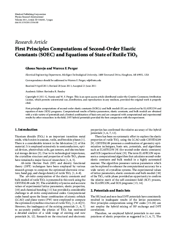 (PDF) First Principles Computations of Second-Order Elastic Constants (SOEC) and Equations of ...