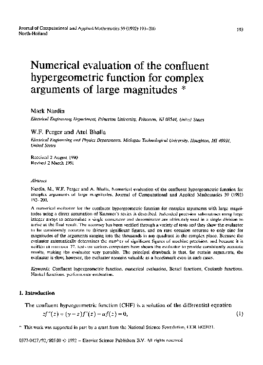 Pdf Numerical Evaluation Of The Confluent Hypergeometric Function For Complex Arguments Of