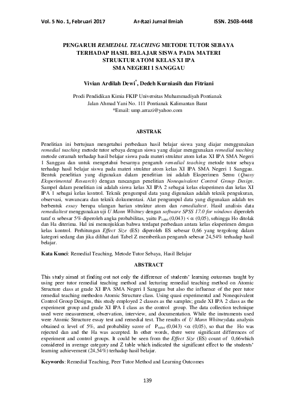 (PDF) Pengaruh Remedial Teaching Metode Tutor Sebaya Terhadap Hasil Belajar Siswa Pada Materi ...