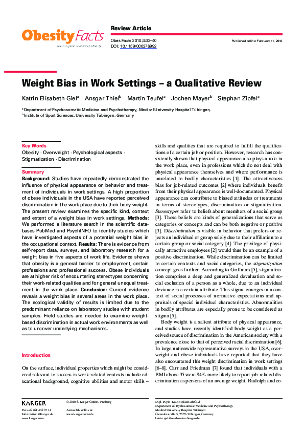 (PDF) Weight Bias in Work Settings – a Qualitative Review | Ansgar ...