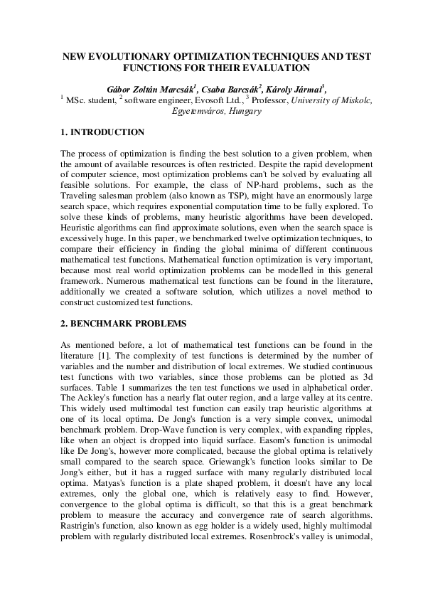 (PDF) New evolutionary optimization techniques and test functions for ...