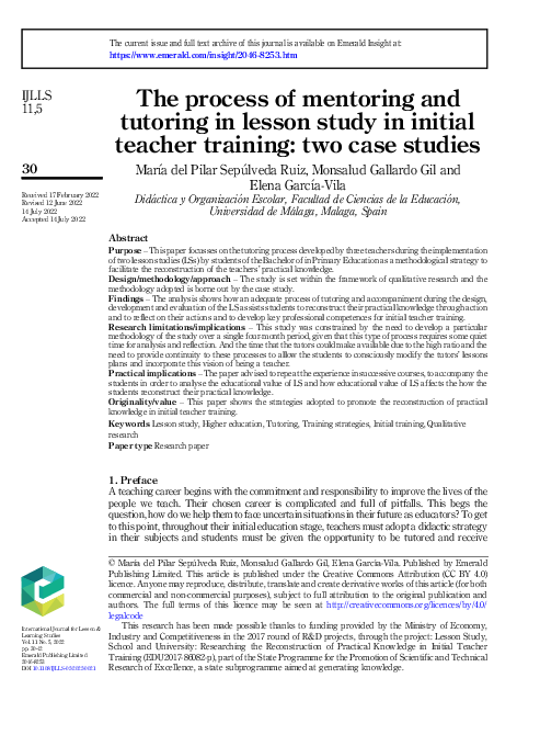 (PDF) The process of mentoring and tutoring in lesson study in initial teacher training: two ...