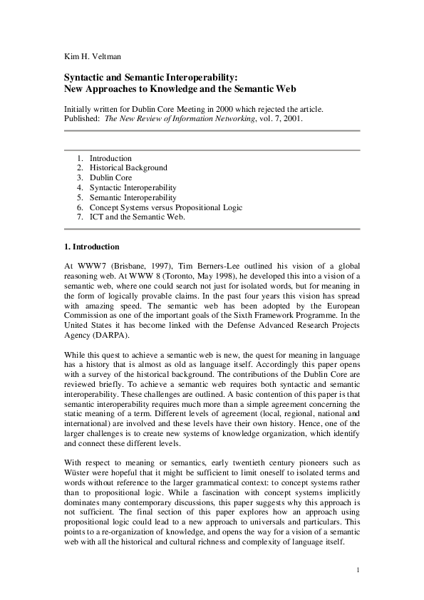 (PDF) Syntactic and semantic interoperability: New approaches to knowledge and the semantic web