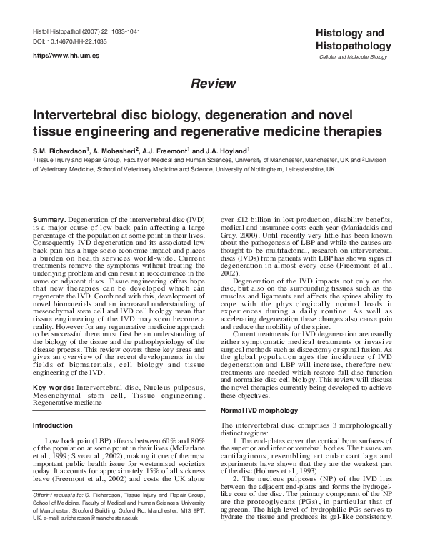 (PDF) Intervertebral disc biology, degeneration and novel tissue ...