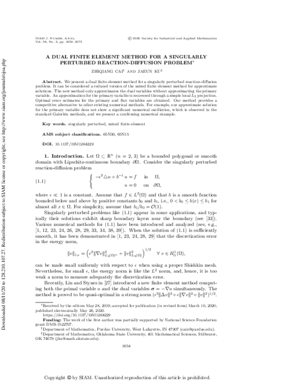 (PDF) A Dual Finite Element Method for a Singularly Perturbed Reaction-Diffusion Problem
