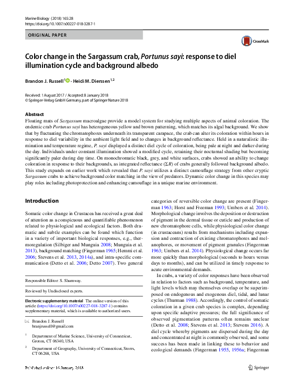 (PDF) Color change in the Sargassum crab, Portunus sayi: response to ...