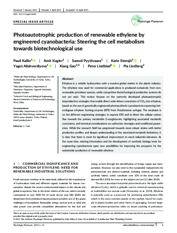 (PDF) Photoautotrophic production of renewable ethylene by engineered ...