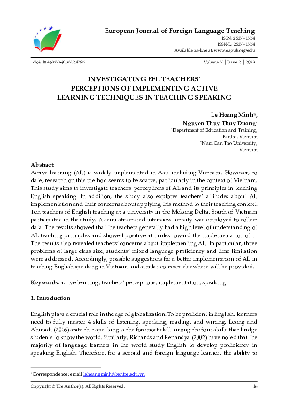 (PDF) Investigating Efl Teachers’ Perceptions of Implementing Active Learning Techniques in ...