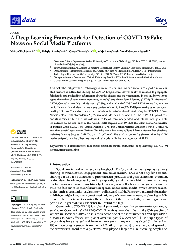 (PDF) A Deep Learning Framework for Detection of COVID-19 Fake News on ...