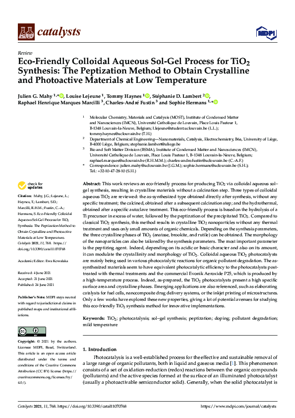 Pdf Eco Friendly Colloidal Aqueous Sol Gel Process For Tio2 Synthesis The Peptization Method