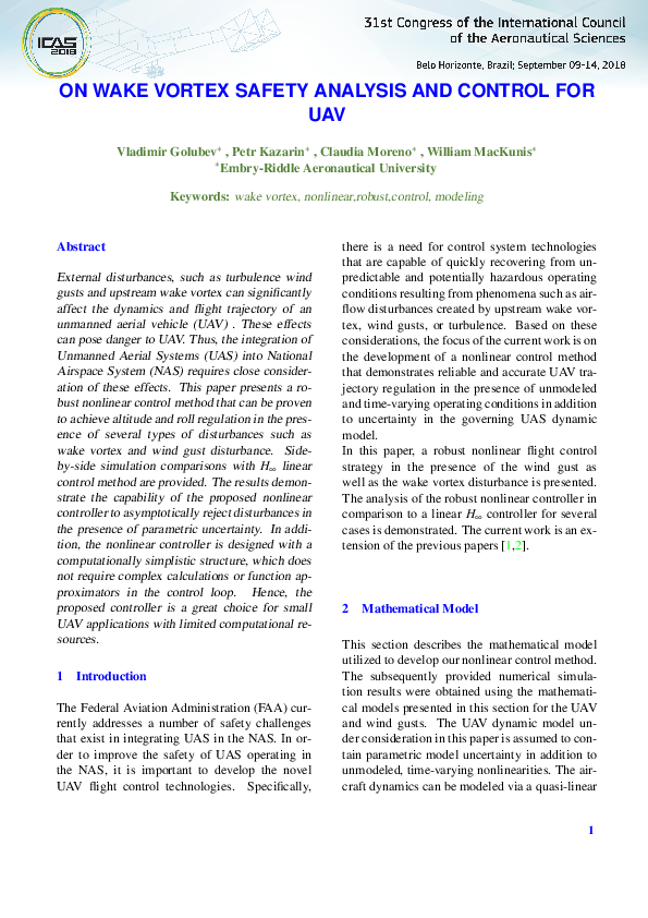 (PDF) On Wake Vortex Safety Analysis and Control for Uav