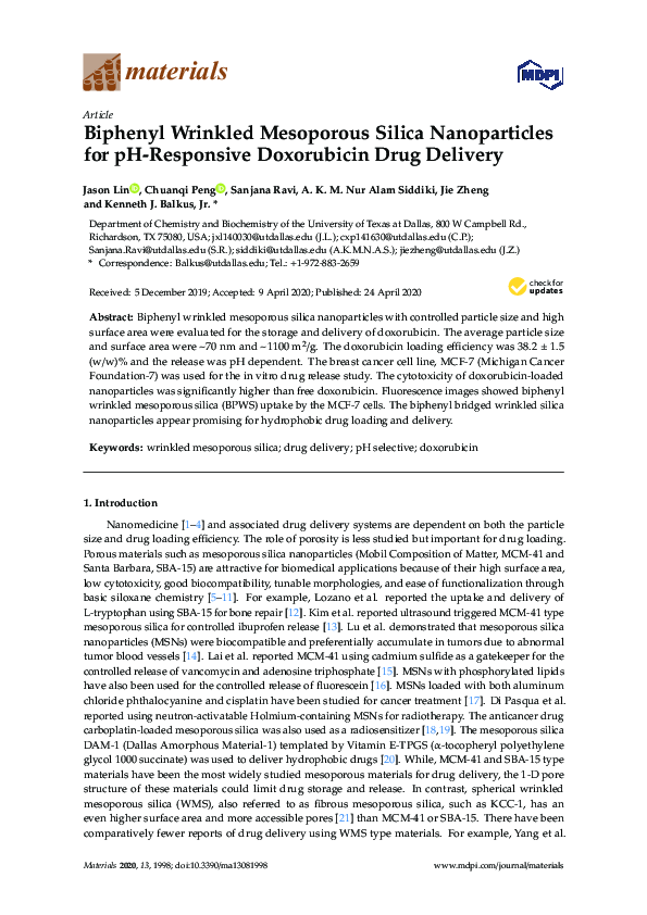 (PDF) Biphenyl Wrinkled Mesoporous Silica Nanoparticles for pH-Responsive Doxorubicin Drug Delivery