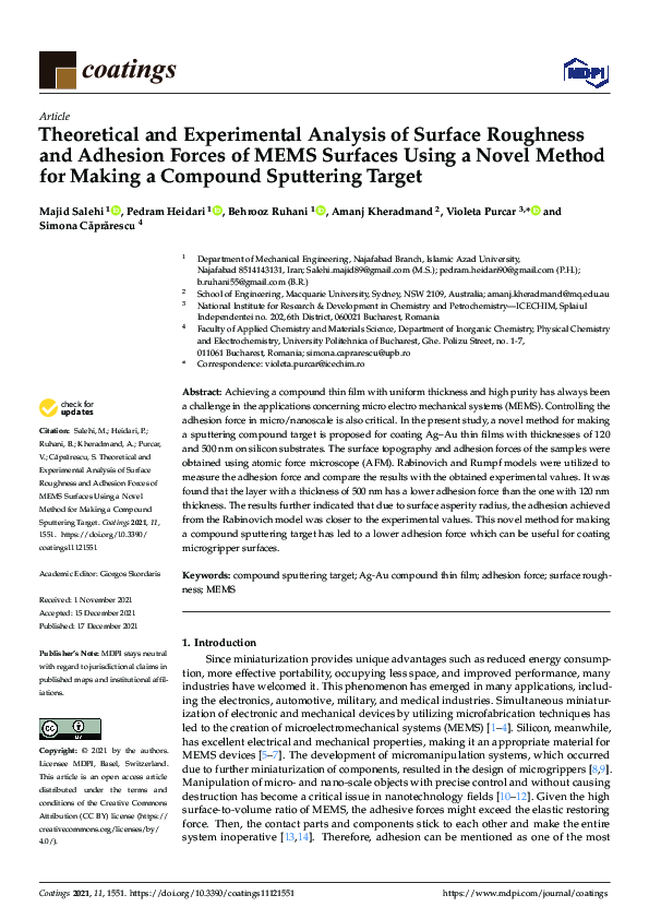(PDF) Theoretical and Experimental Analysis of Surface Roughness and Adhesion Forces of MEMS ...