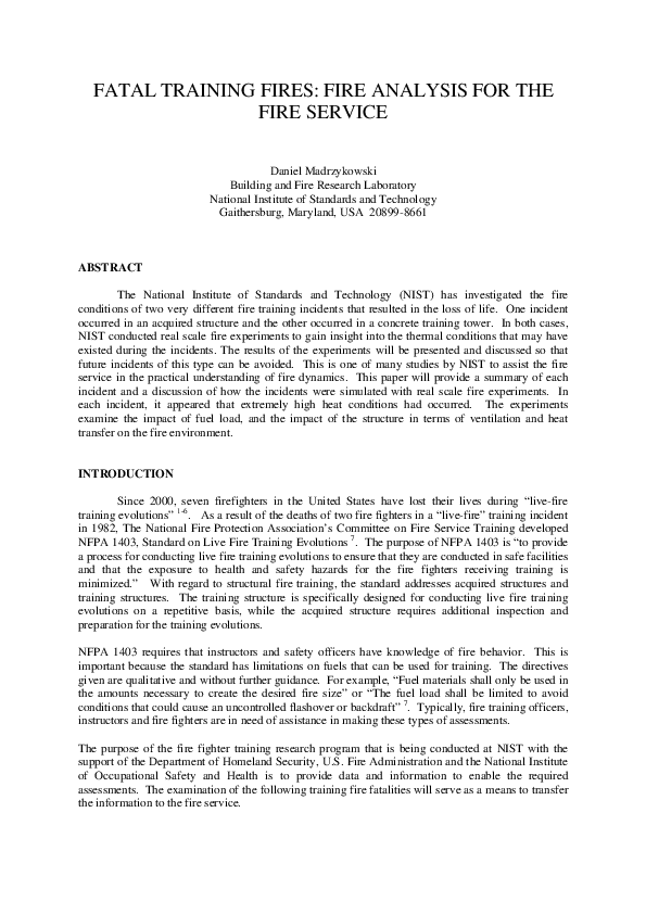 (PDF) Fatal Training Fires: Fire Analysis for the Fire Service