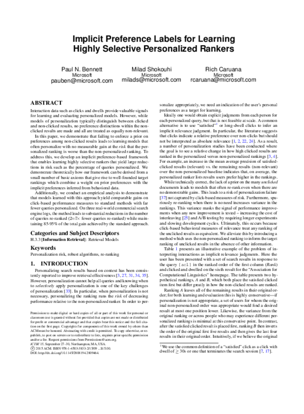 (PDF) Implicit Preference Labels for Learning Highly Selective Personalized Rankers