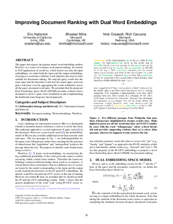(PDF) Improving Document Ranking with Dual Word Embeddings