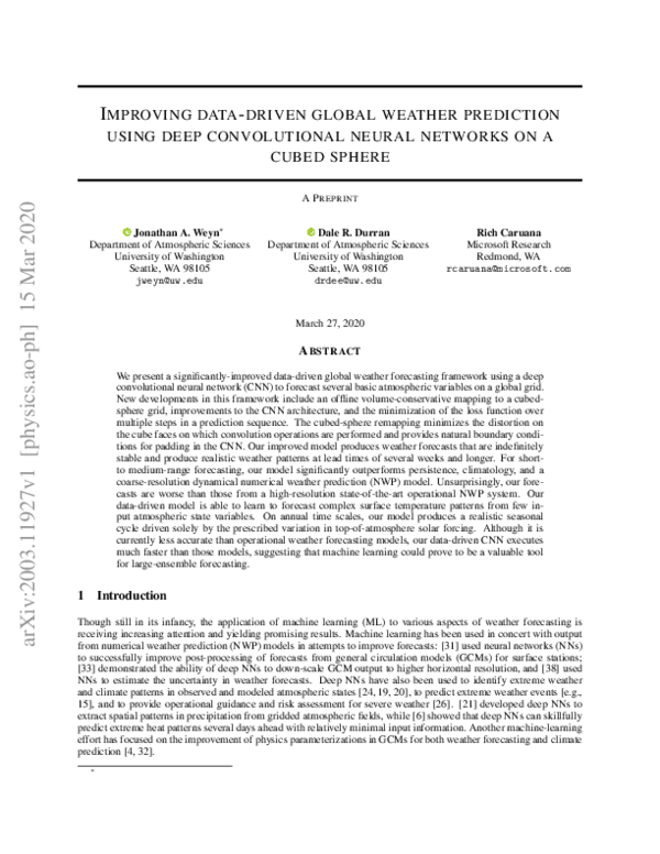 Pdf Improving Data Driven Global Weather Prediction Using Deep