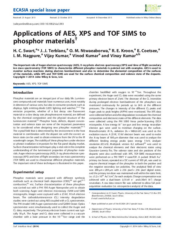 (PDF) Applications of AES, XPS and TOF SIMS to phosphor materials