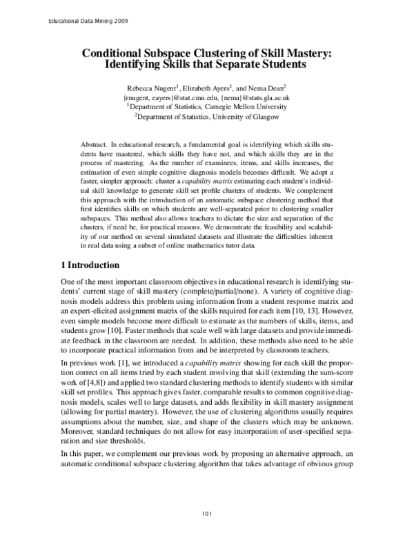 (PDF) Conditional subspace clustering of skill mastery: Identifying skills that separate students